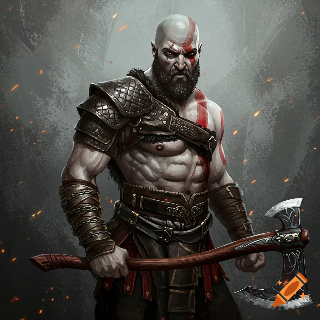 Illustration of Kratos from God of War holding his Leviathan axe. on ...