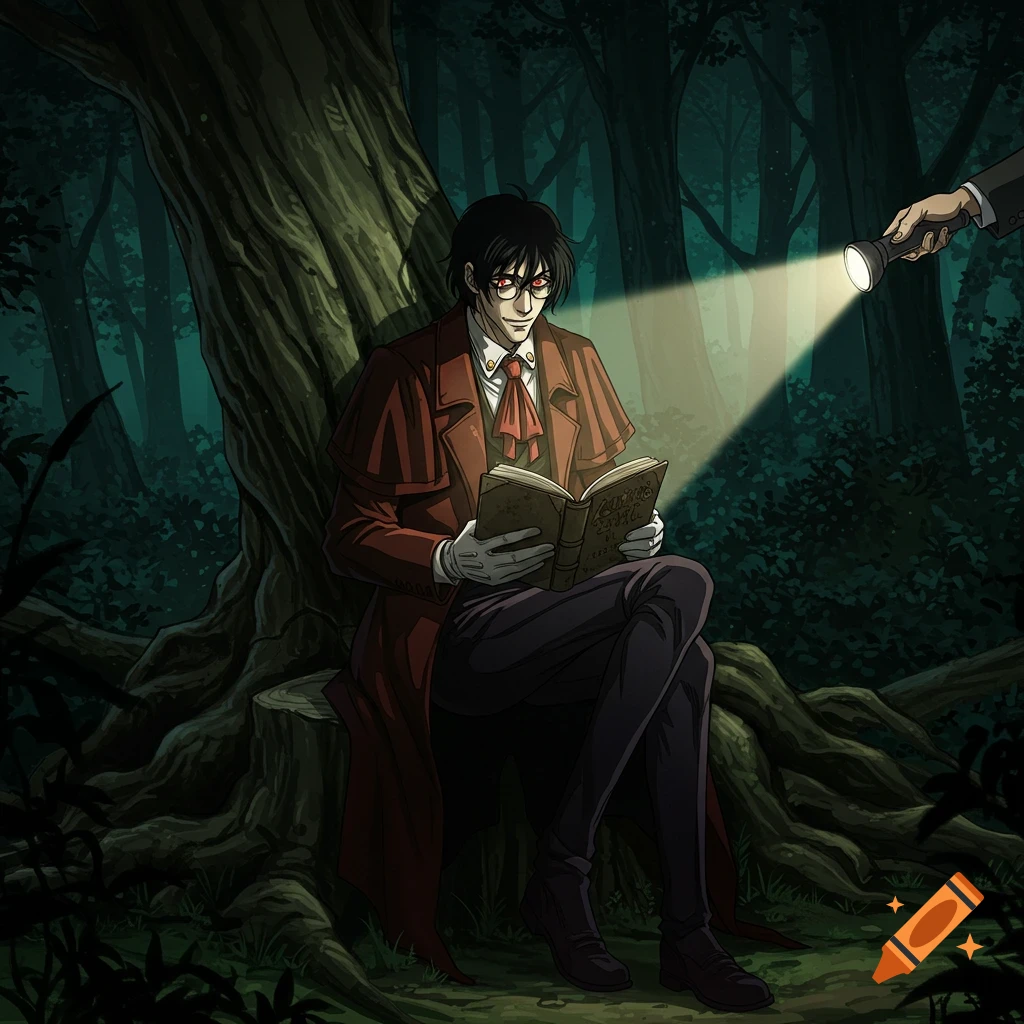 Alucard from Hellsing reading a book in a dark anime forest scene. on ...