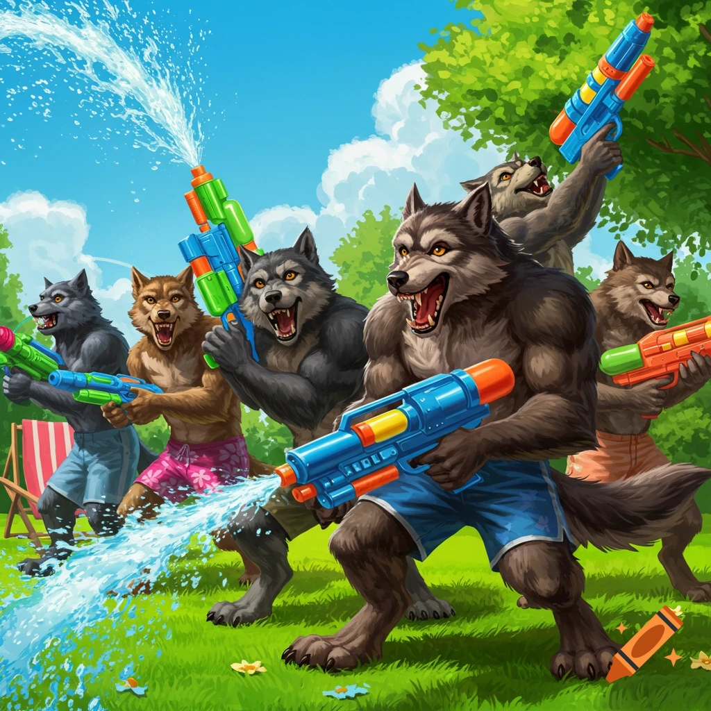 Cartoon style image of anthropomorphic werewolves playing with water ...