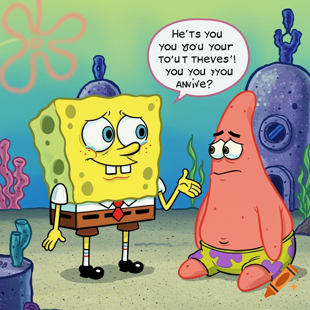 Spongebob Squarepants comforting a friend with warm energy, colorful ...