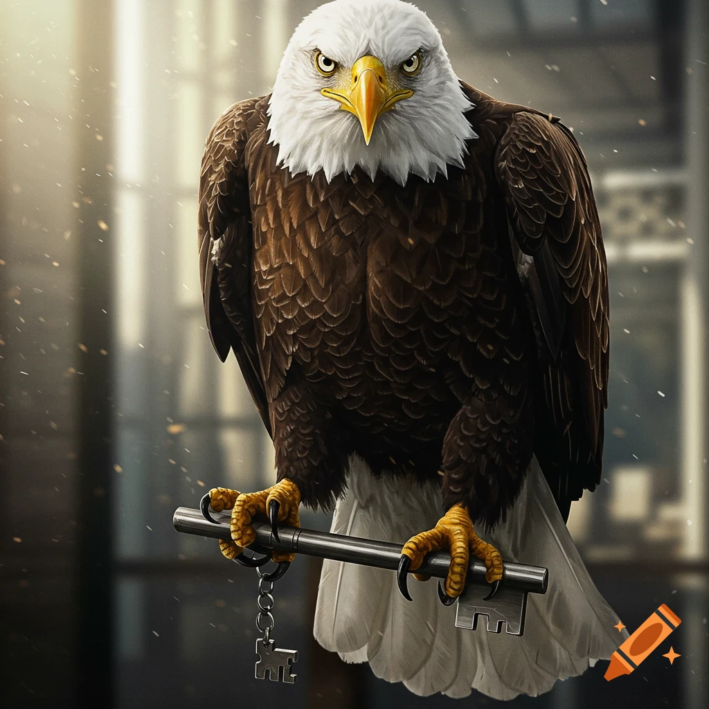 A stylized blue eagle with spread wings holds a lightning bolt in its ...