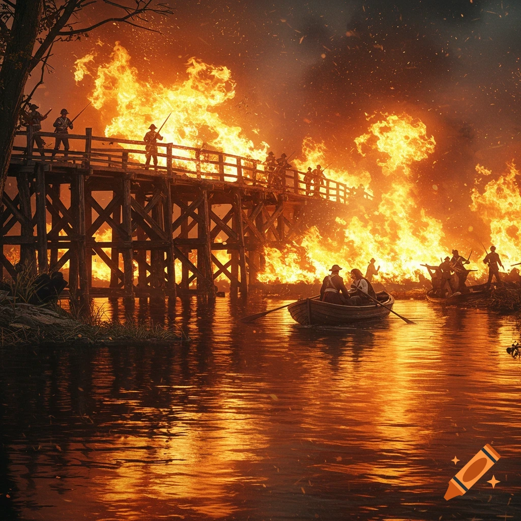 British troops setting fire to a bridge with Catia and Gisco on the ...