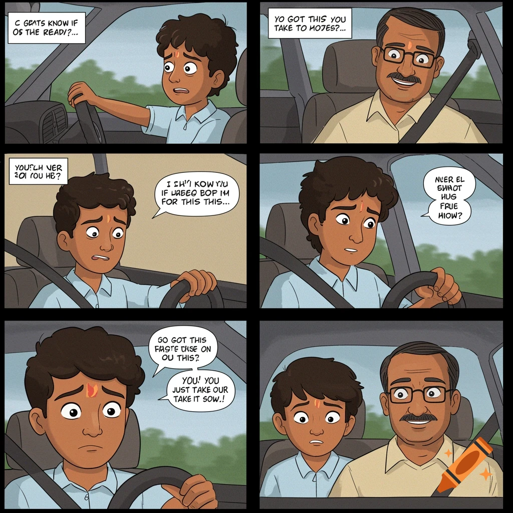 Comic panel of an Indian boy learning to drive with his father on Craiyon