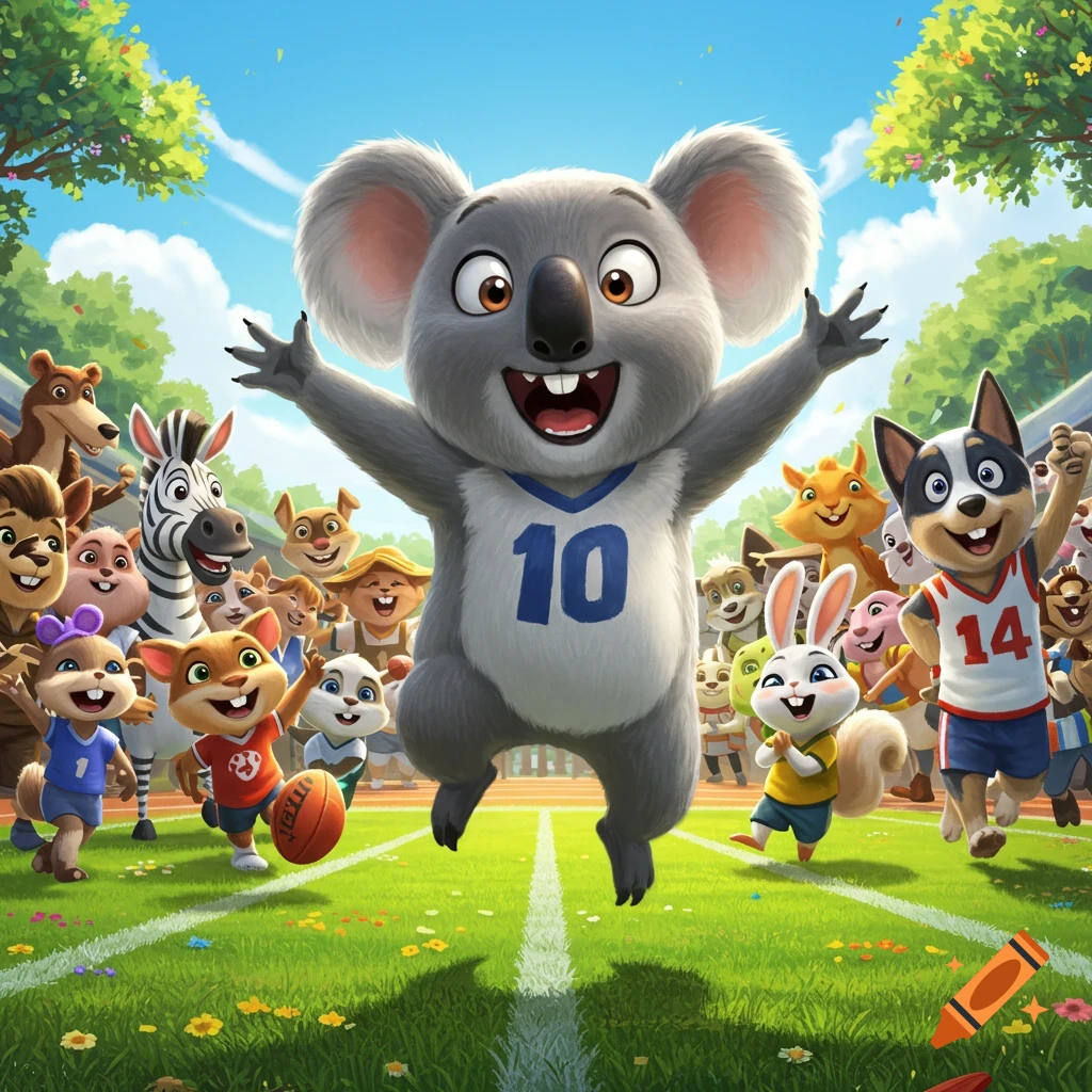Cartoon koala jumps on a sports field wearing jersey 10, surrounded by a crowd of excited ...