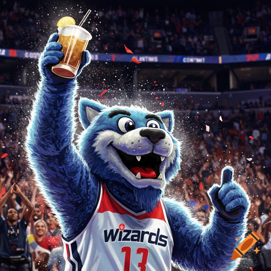 Washington Wizards mascot G-Wiz celebrating with a drink on Craiyon