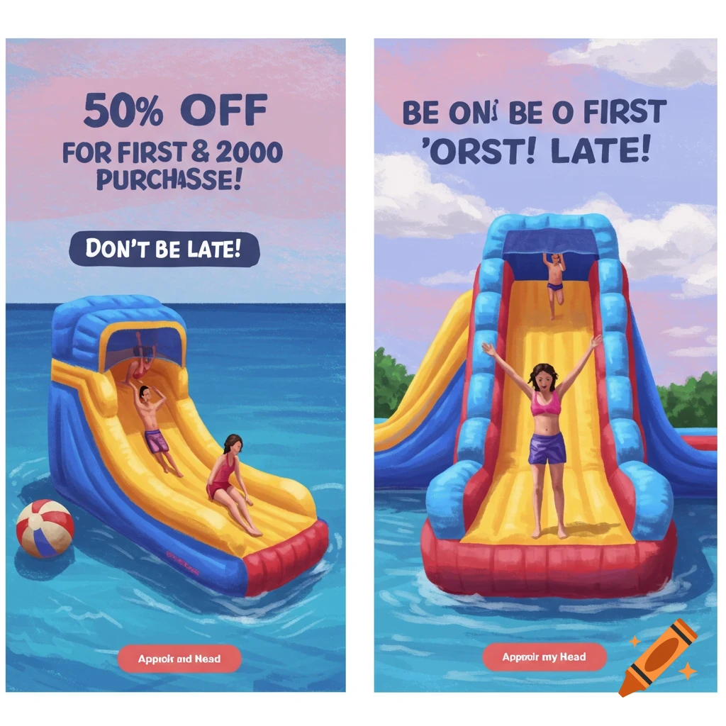 Instagram ads for blow-up water slides with discount offers on Craiyon