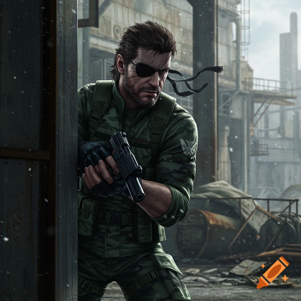 Solid Snake in military uniform and eyepatch holds a gun in a destroyed ...