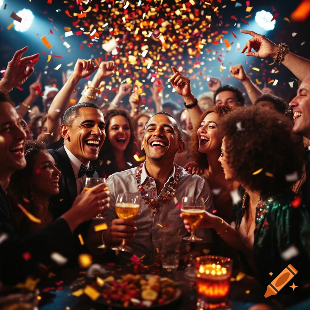 Confetti, streamers, and lights over a blurry crowd at a celebration ...