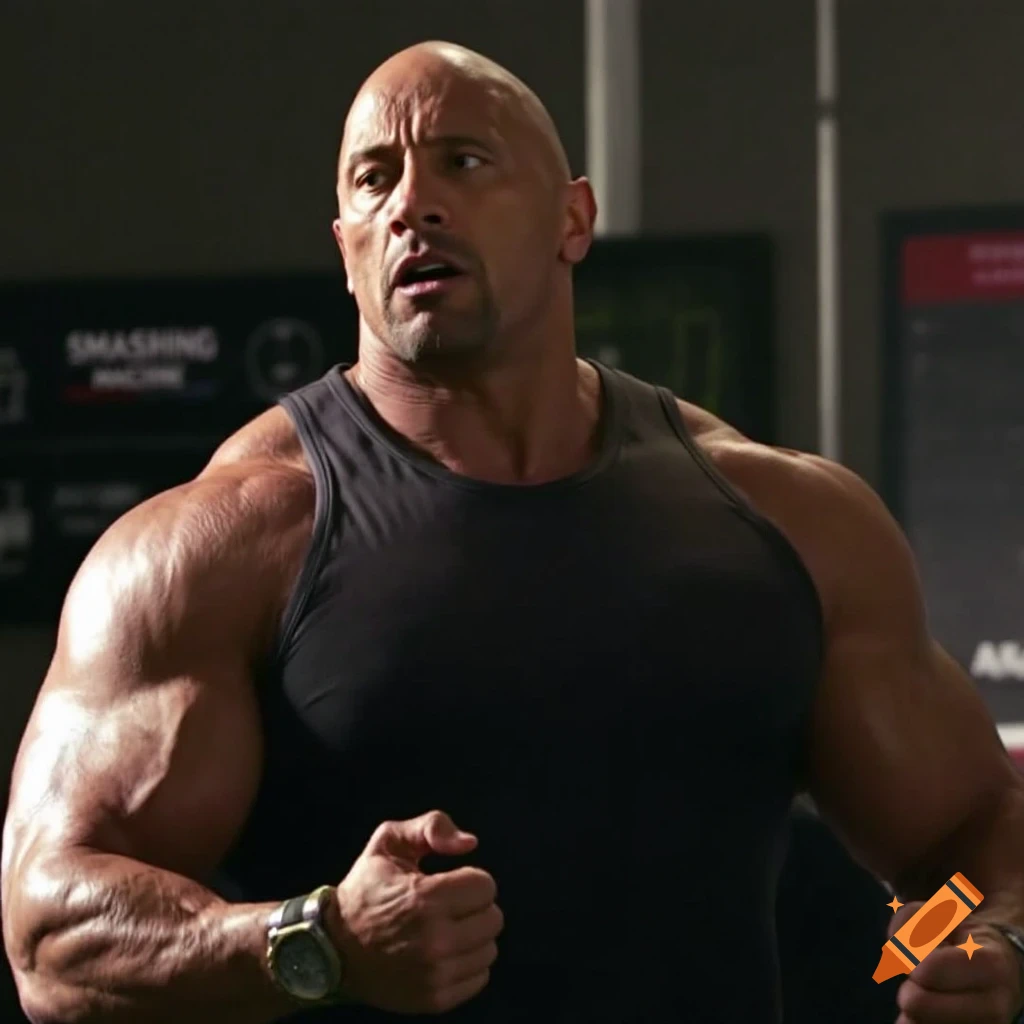 Dwayne Johnson as Mark Kerr flexing his arm in a gym. on Craiyon