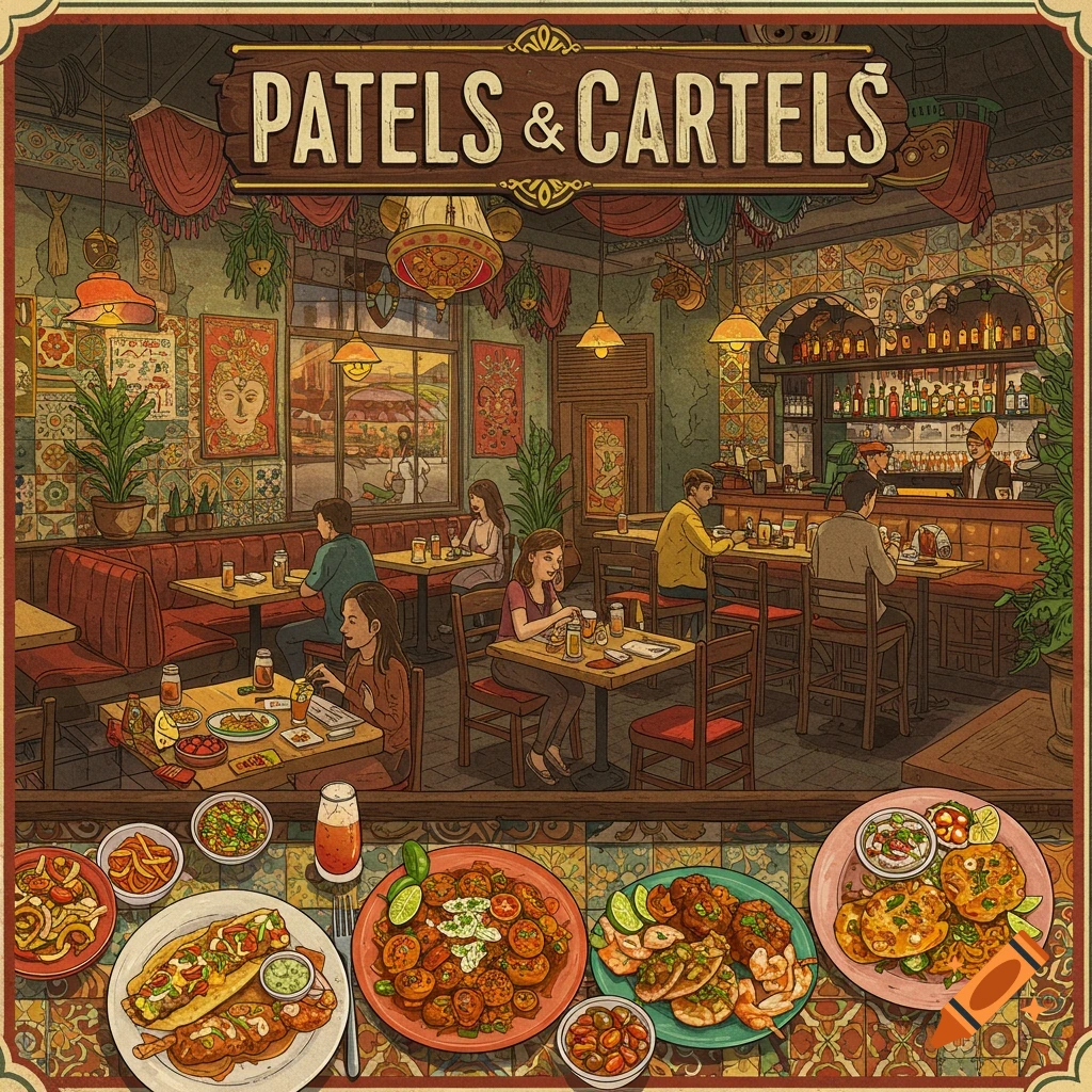 A vibrant restaurant with people dining, featuring a large mural and ...