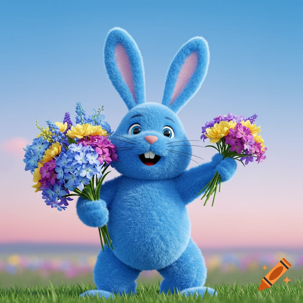 Blue Easter bunny with flowers on Craiyon