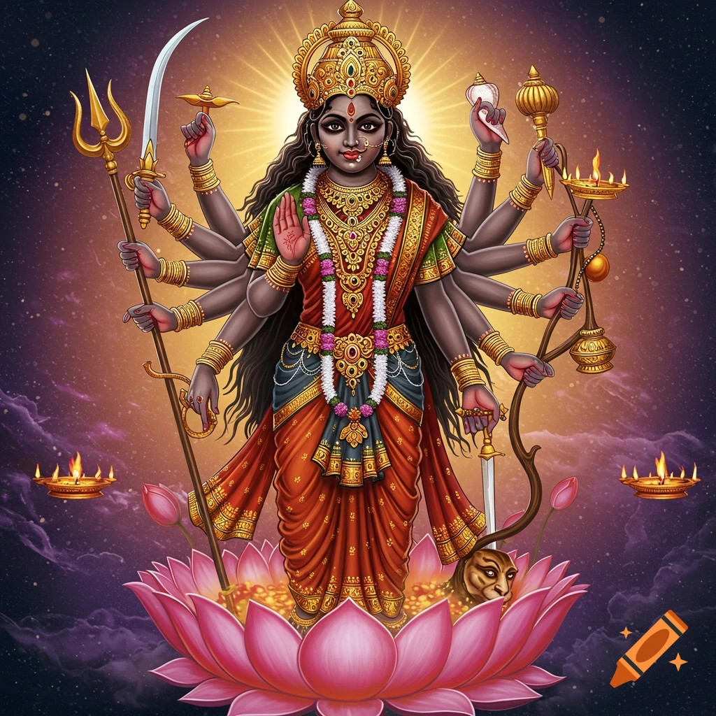 A multi-armed Hindu goddess stands on a pink lotus holding weapons ...