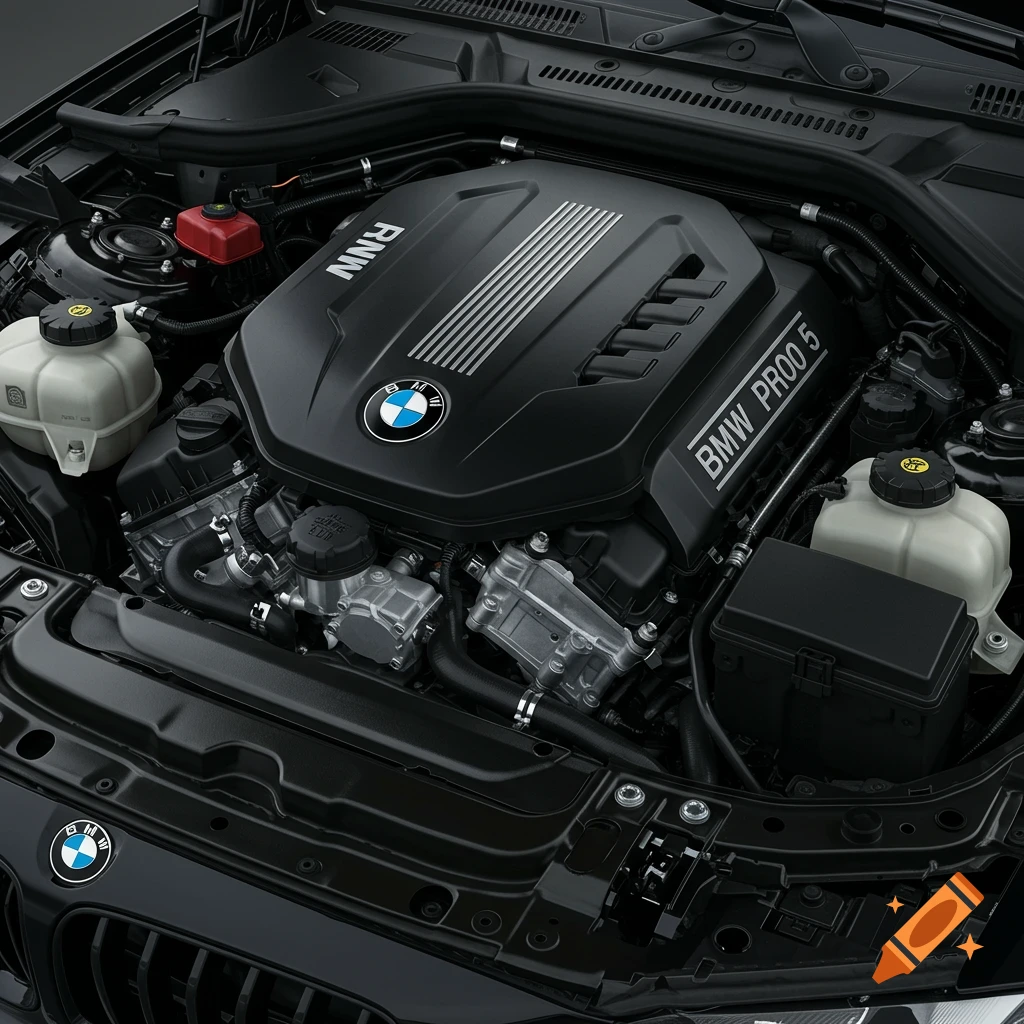 Close-up view of a black car engine with hood open, showing the BMW logo and components. on Craiyon