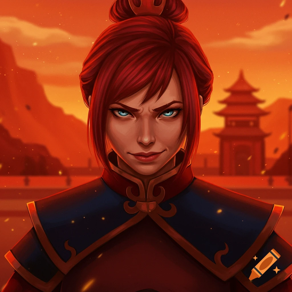 An illustration of a fierce character, resembling Azula, holding a red ...