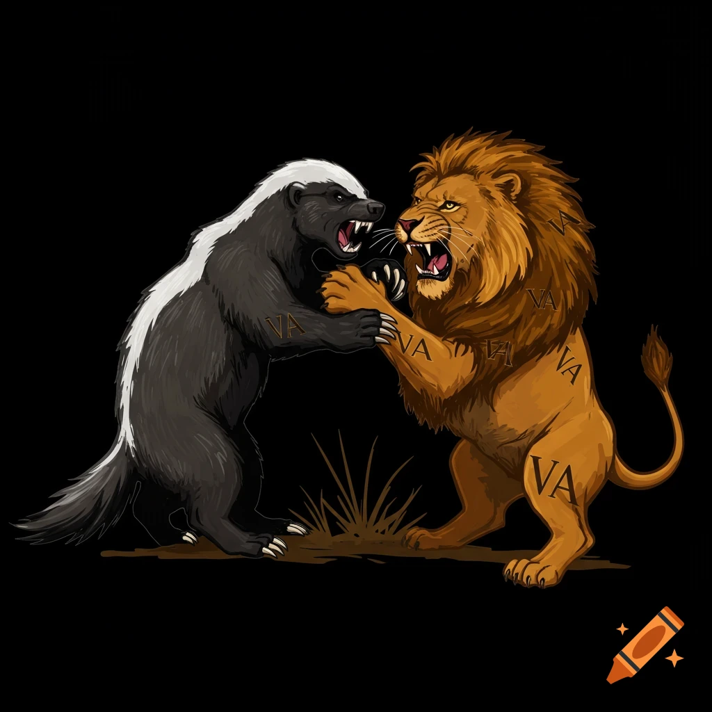 Honey badger fighting a lion with VA letters in its mane on a black ...