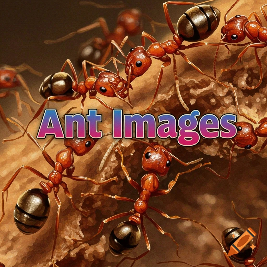 Close-up of many ants on brown texture with the text 'Ant Images' on Craiyon