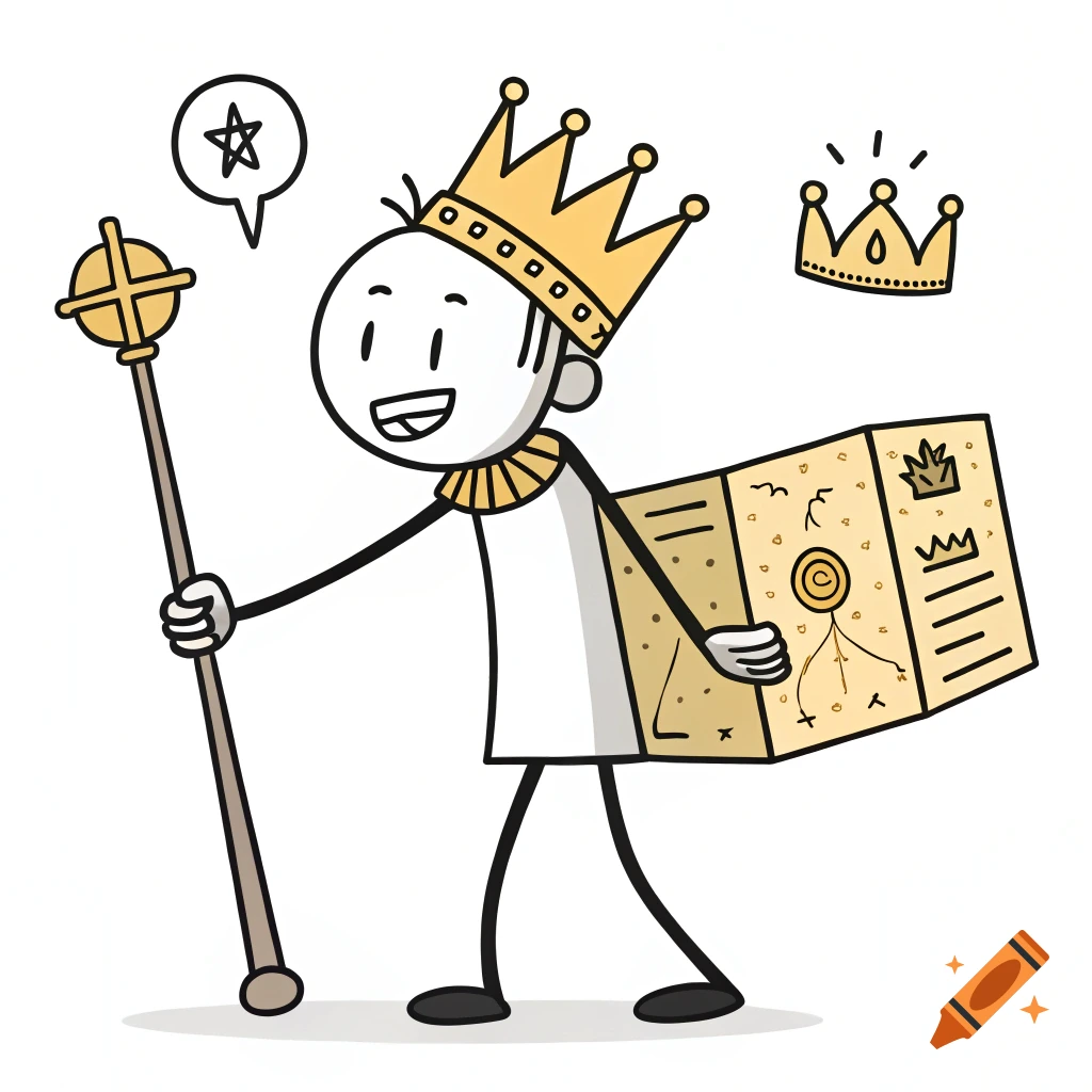 A stickman figure wearing a golden crown and collar holds a staff and a ...