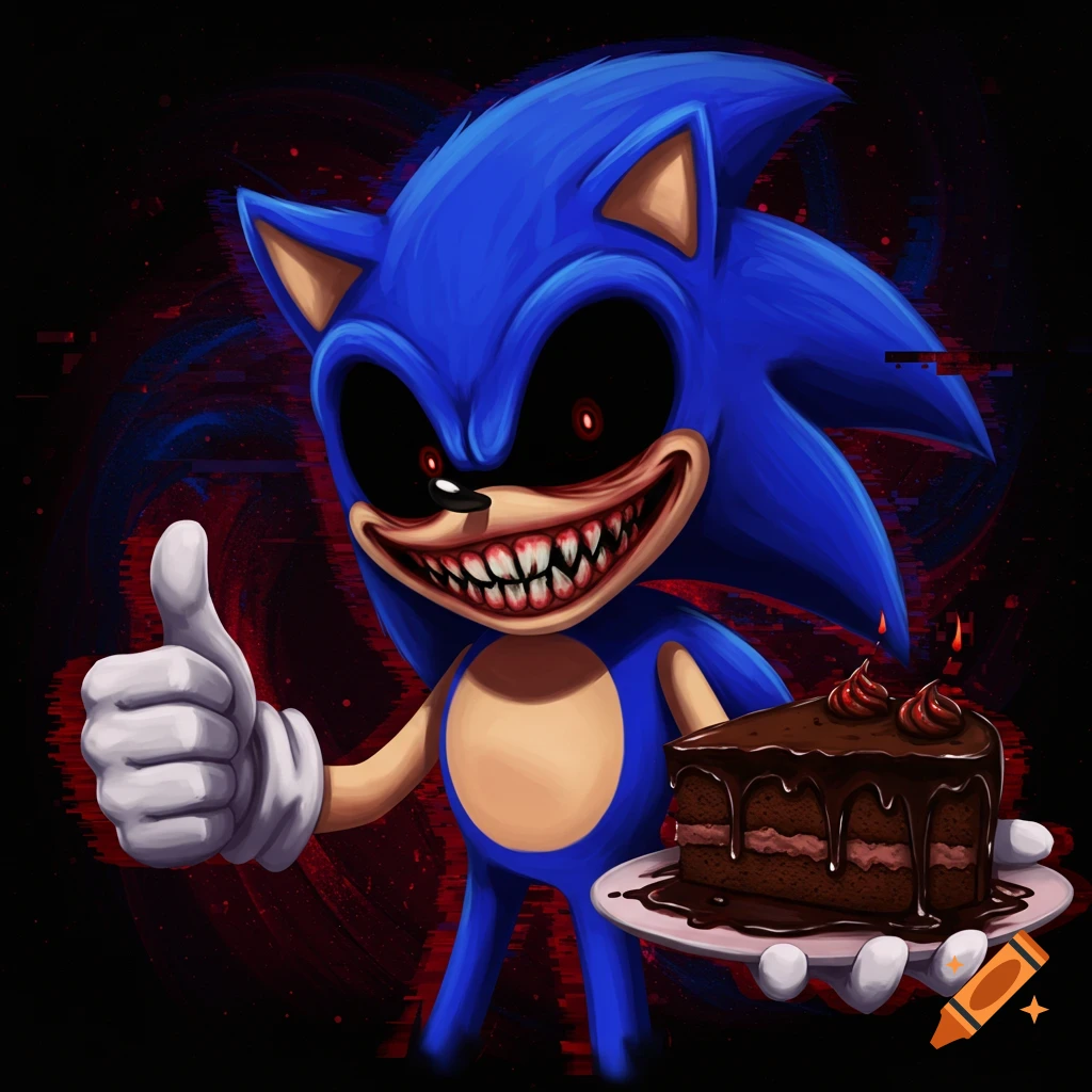 Sonic.exe smiling with cake and a thumbs up on Craiyon