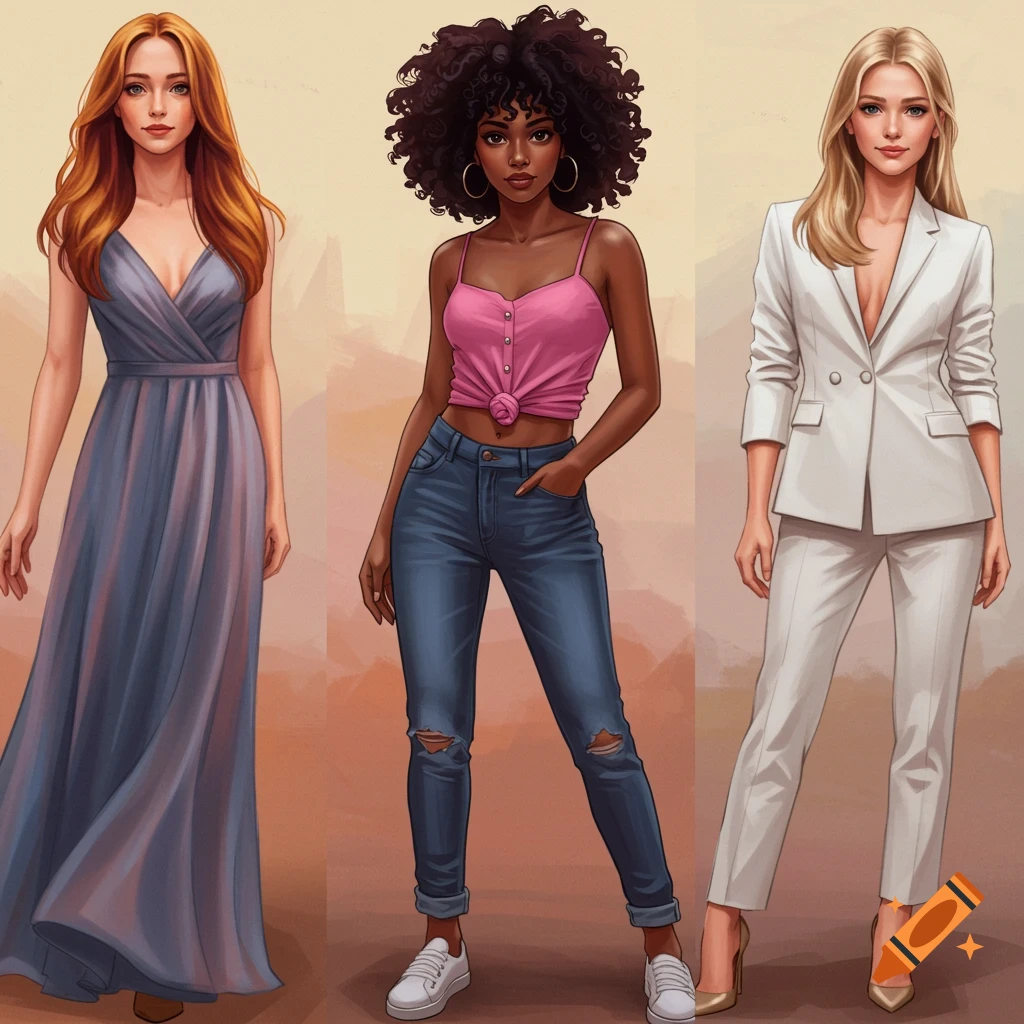 Illustration of three women in different outfits: a blue dress, pink ...