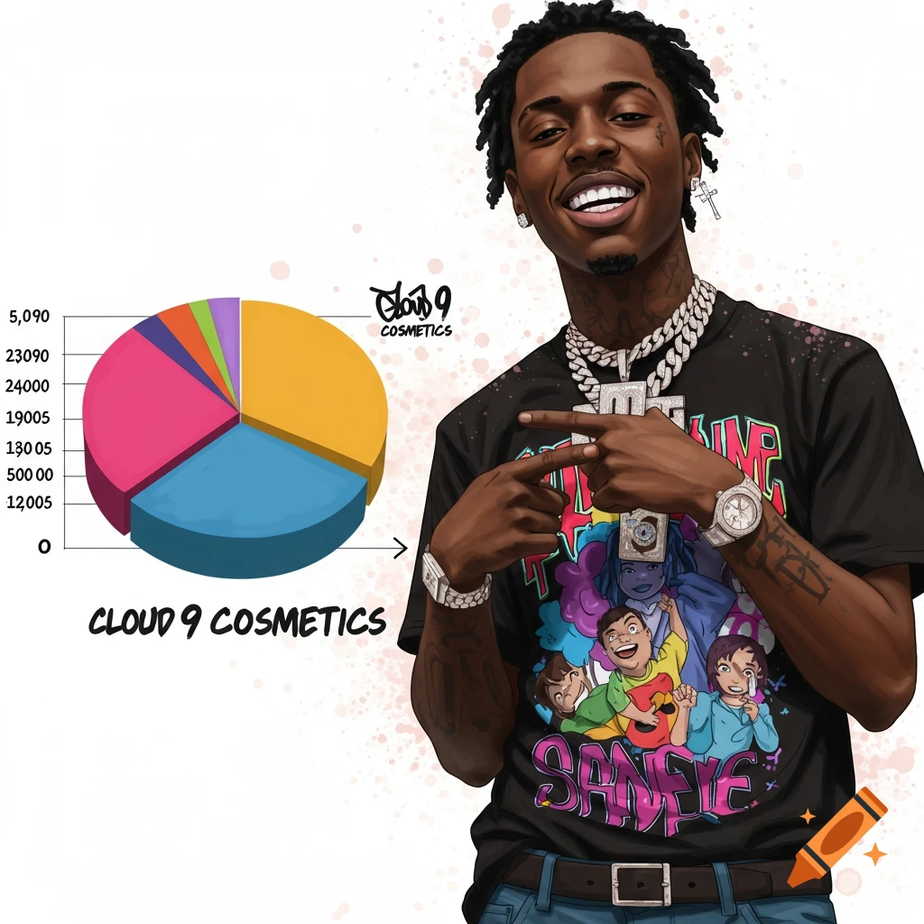 Rapper with gold chains pointing at a pie chart of business profit ...