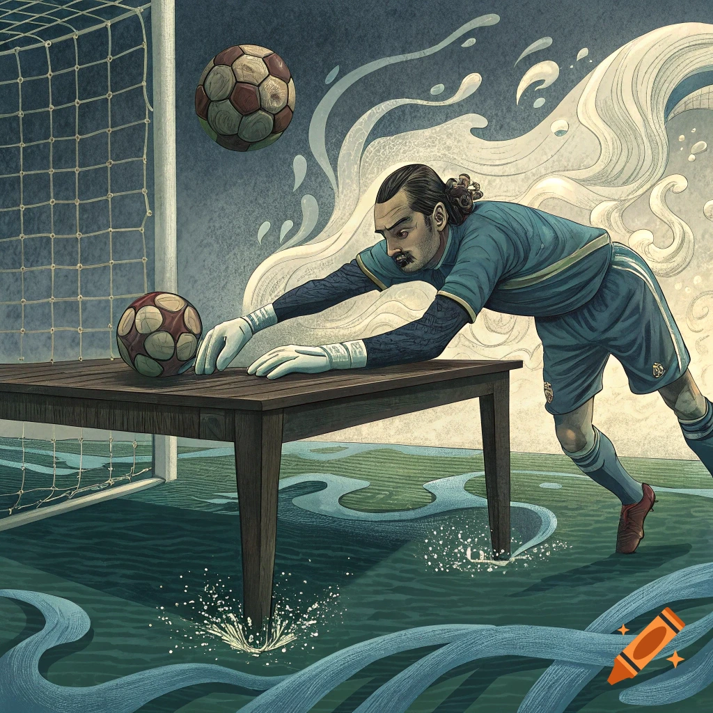 Surreal illustration of a soccer goalie diving in a watery scene, with ...