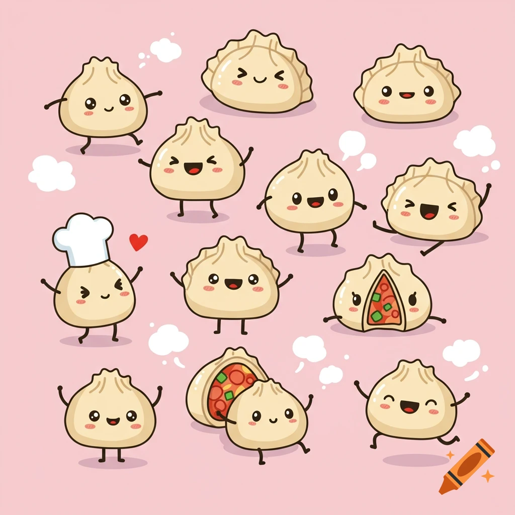 Illustration of nine cartoon dumplings depicting various emotions and ...