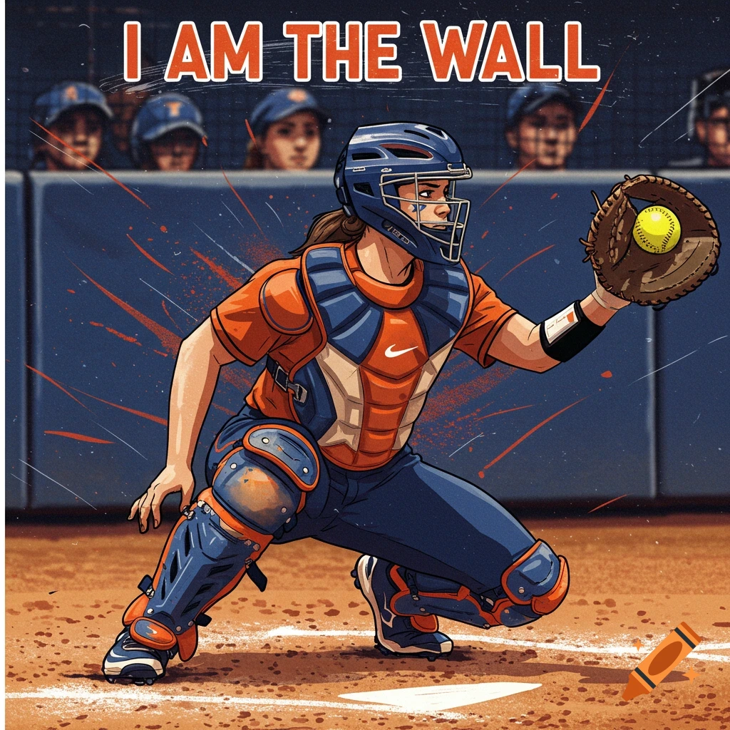 Softball catcher with "I am the wall" text on Craiyon