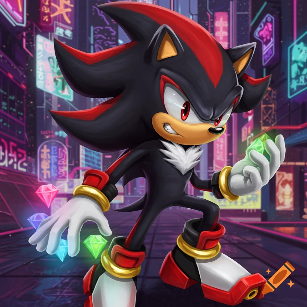 Shadow the Hedgehog holds green Chaos Emerald in a futuristic neon city ...