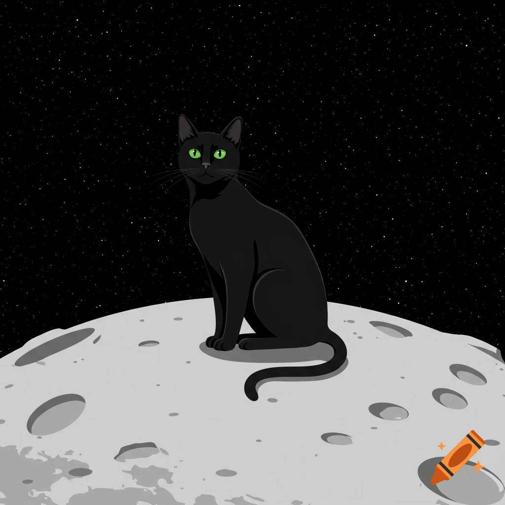 A black cat sits on the moon under a starry sky in a stylized ...