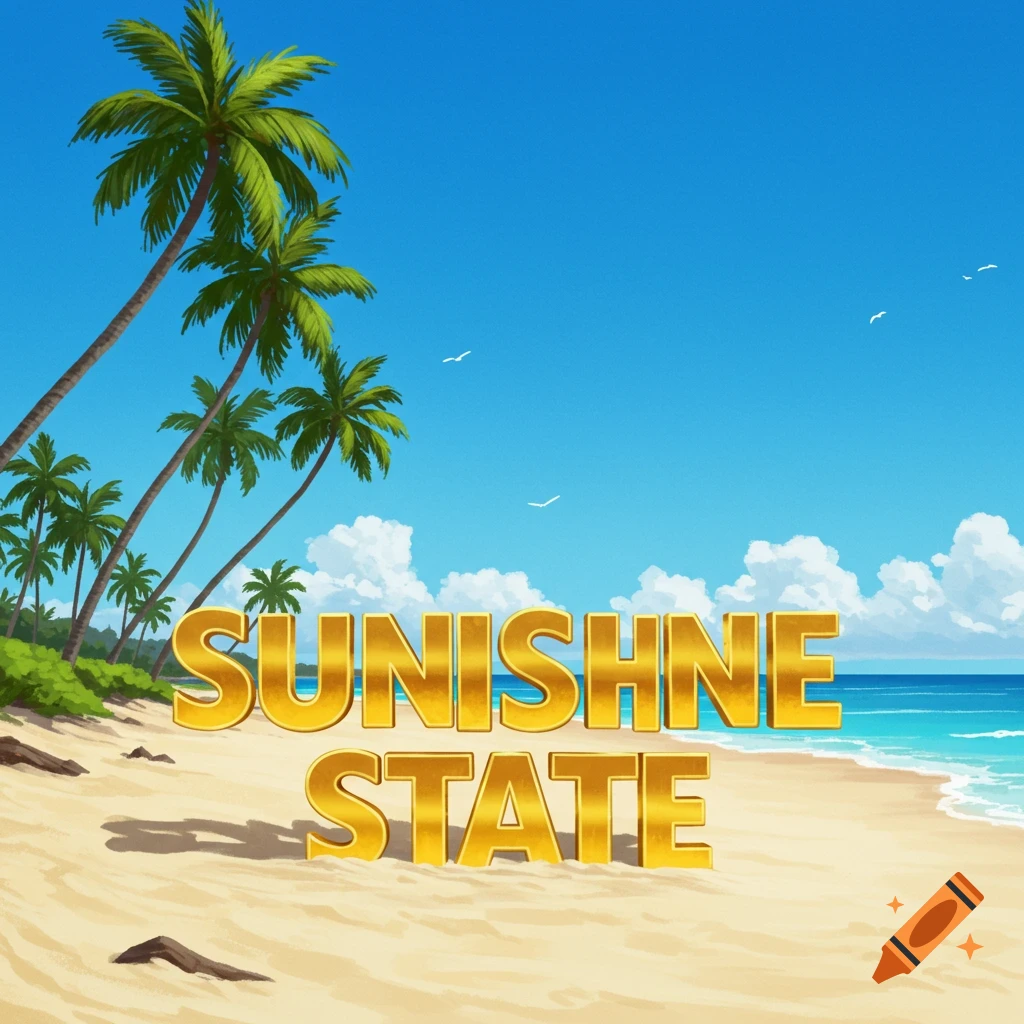 Golden "Sunshine State" letters on beach with palm trees on Craiyon