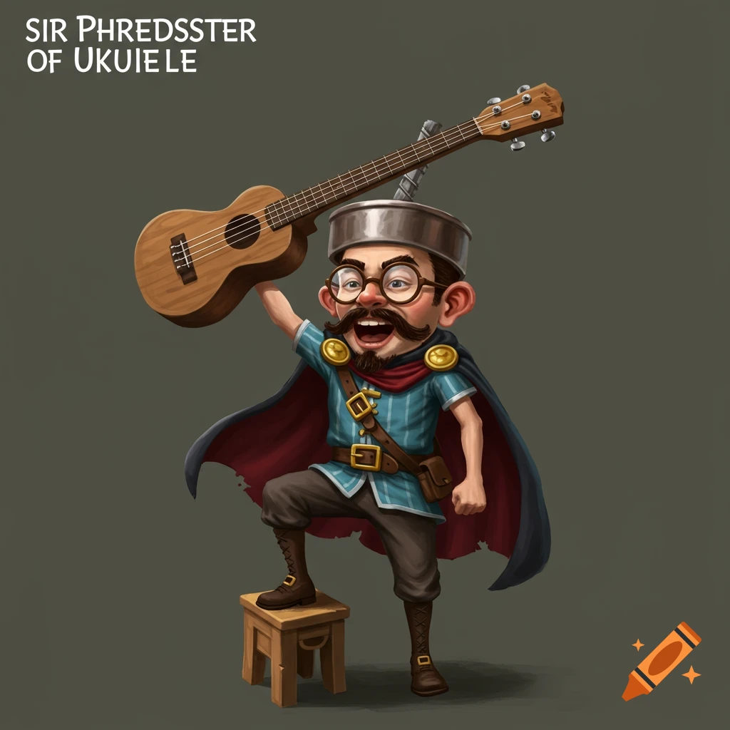 Sir Phreddster of Ukulele, man with goatee, glasses, pot on head, cape ...
