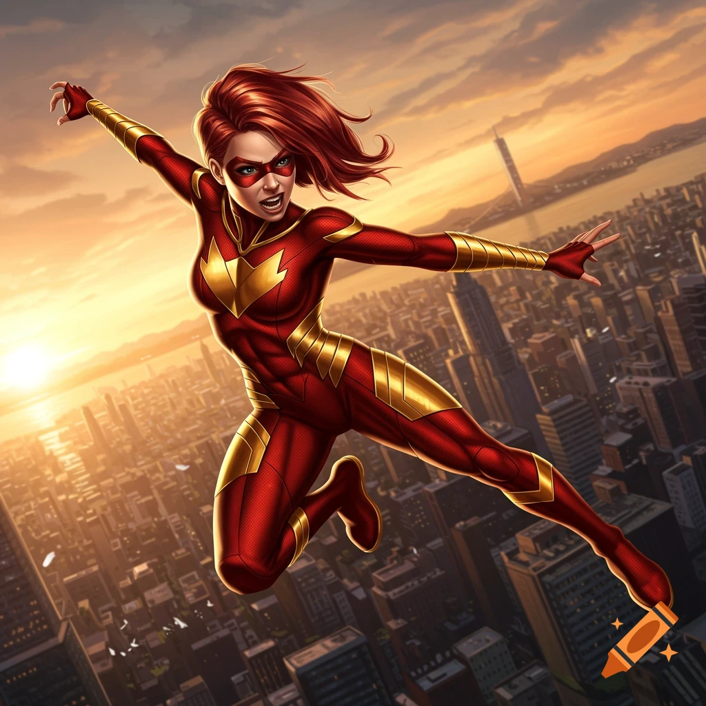 A cartoon female superhero in a red spotted suit with yellow wings ...