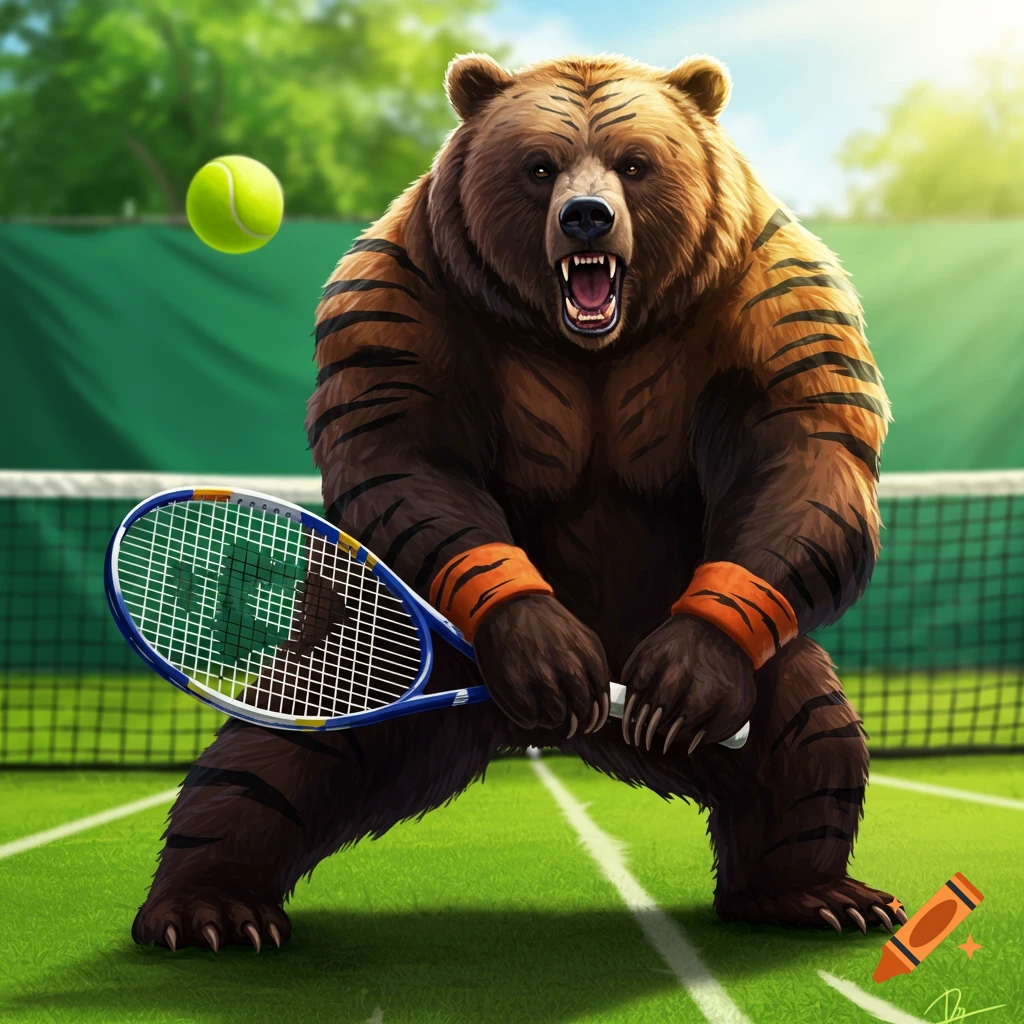 Aggressive bear with tiger stripes playing tennis on Craiyon