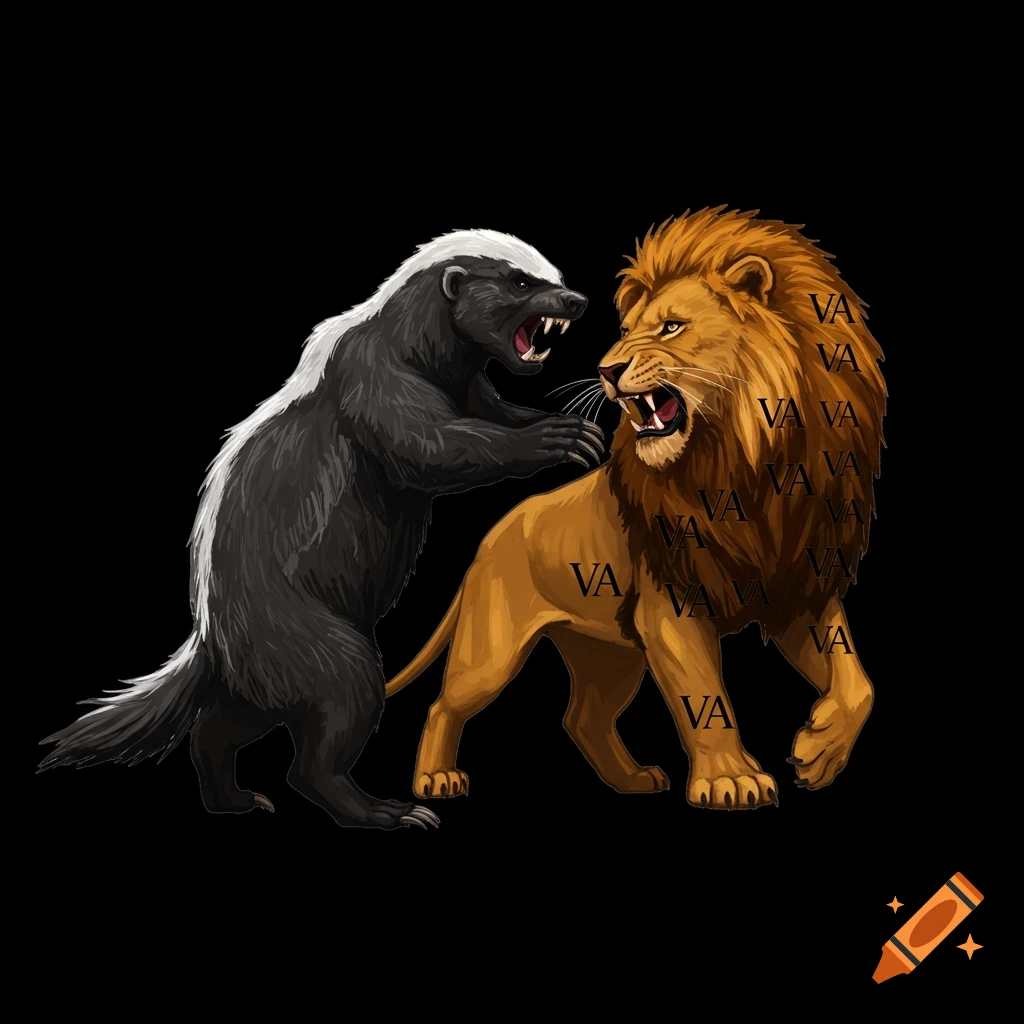 Honey badger fighting a lion with VA letters in its mane on a black ...