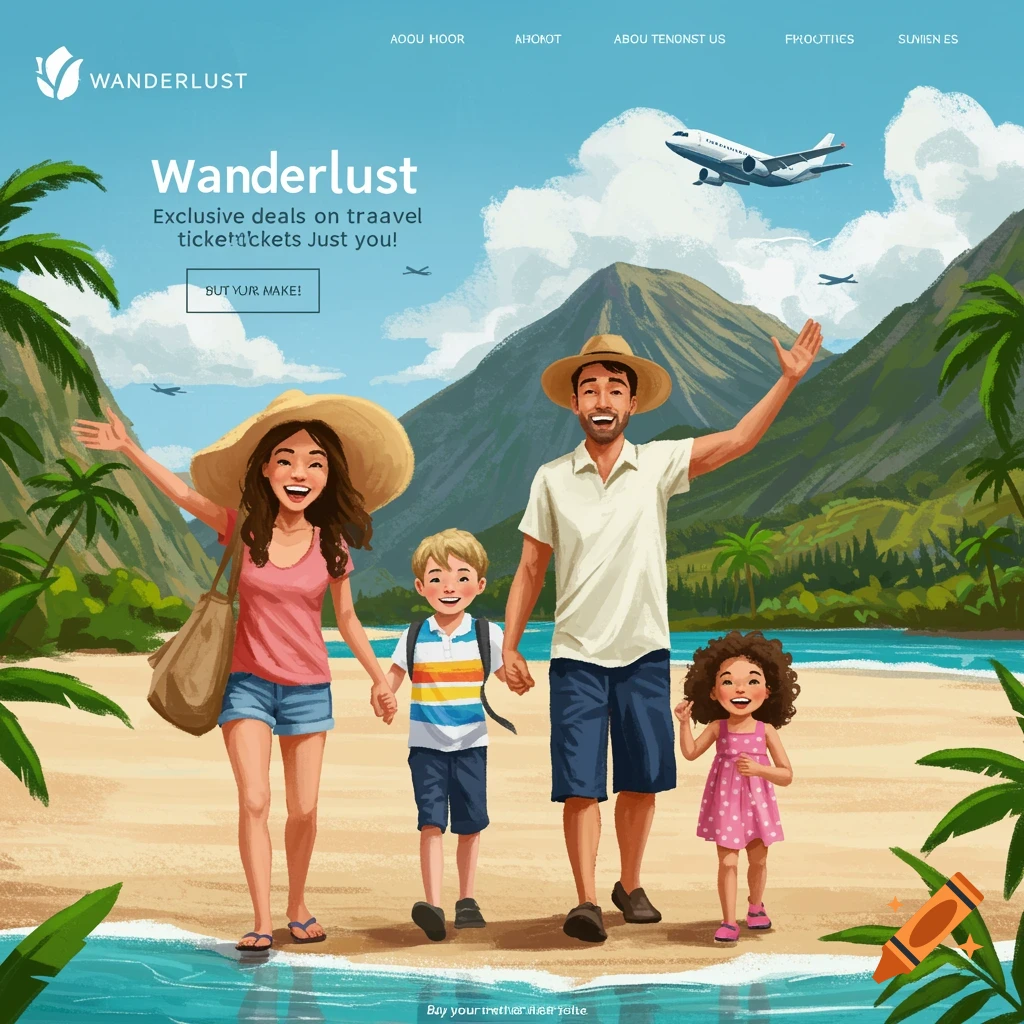 Happy families and couples on a beach with mountains, airplanes in the sky, tropical colors, and ...