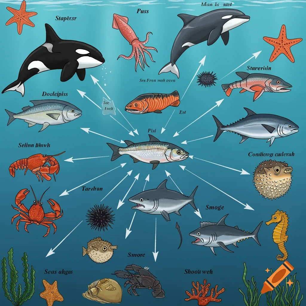 Ocean food web diagram with various marine animals on Craiyon