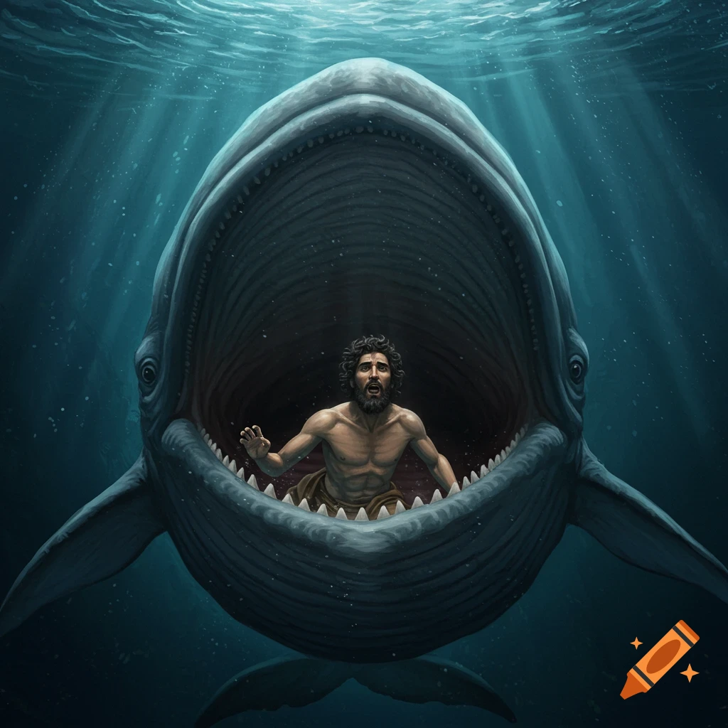 A man sits inside the gaping mouth of a large whale underwater ...