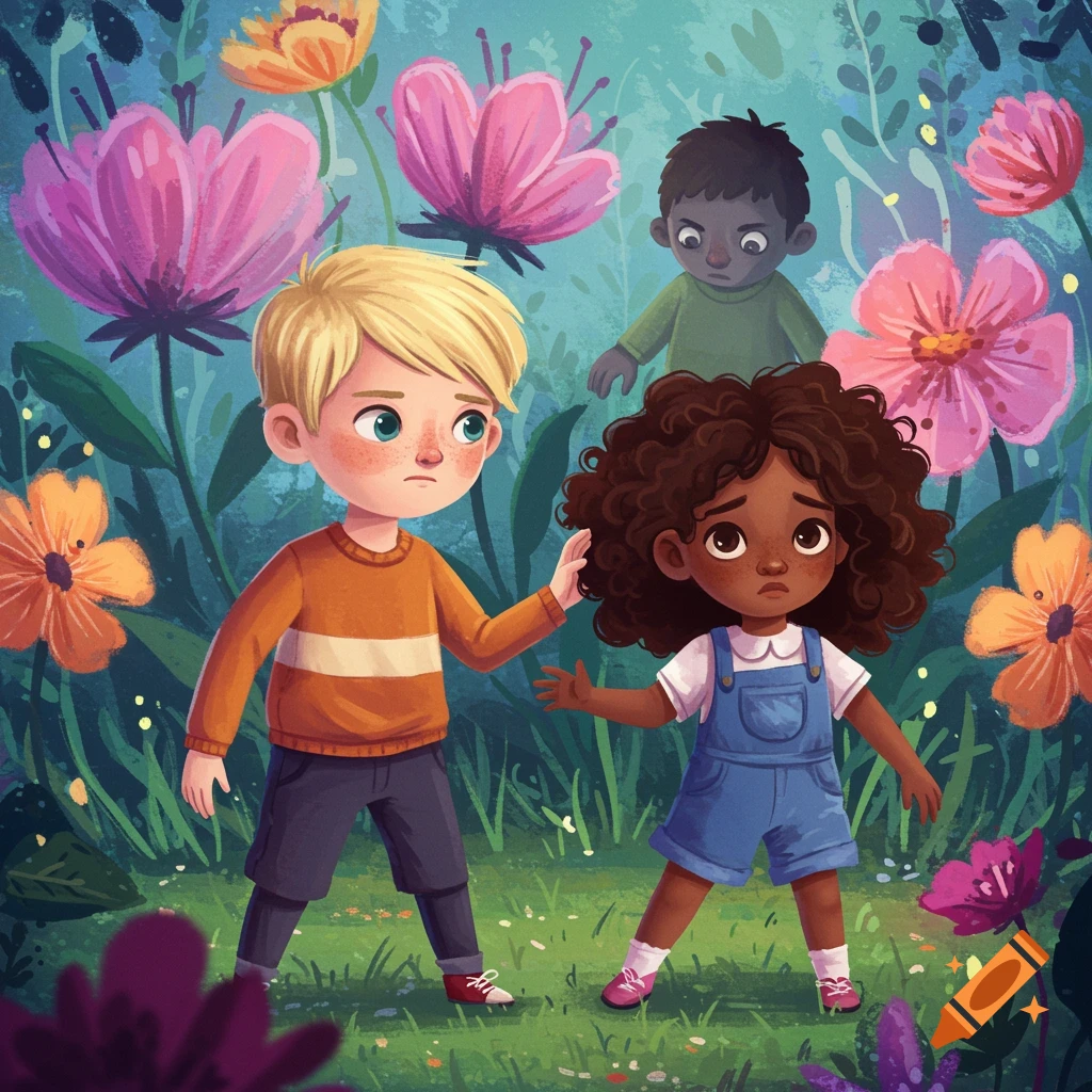 Three children in a lush, stylized garden with giant flowers. One child ...
