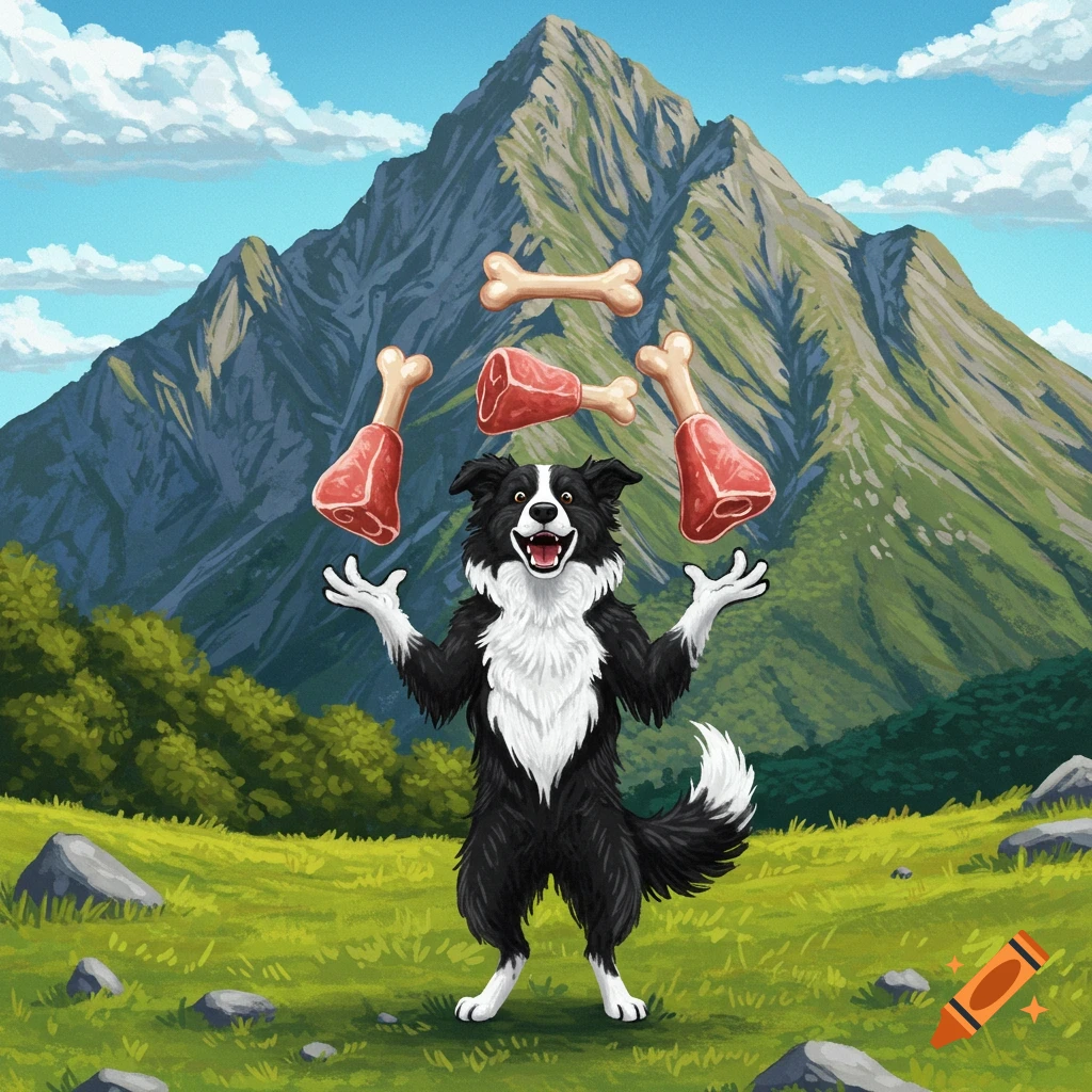 An illustration of a Border Collie dog juggling bones and meat in a ...