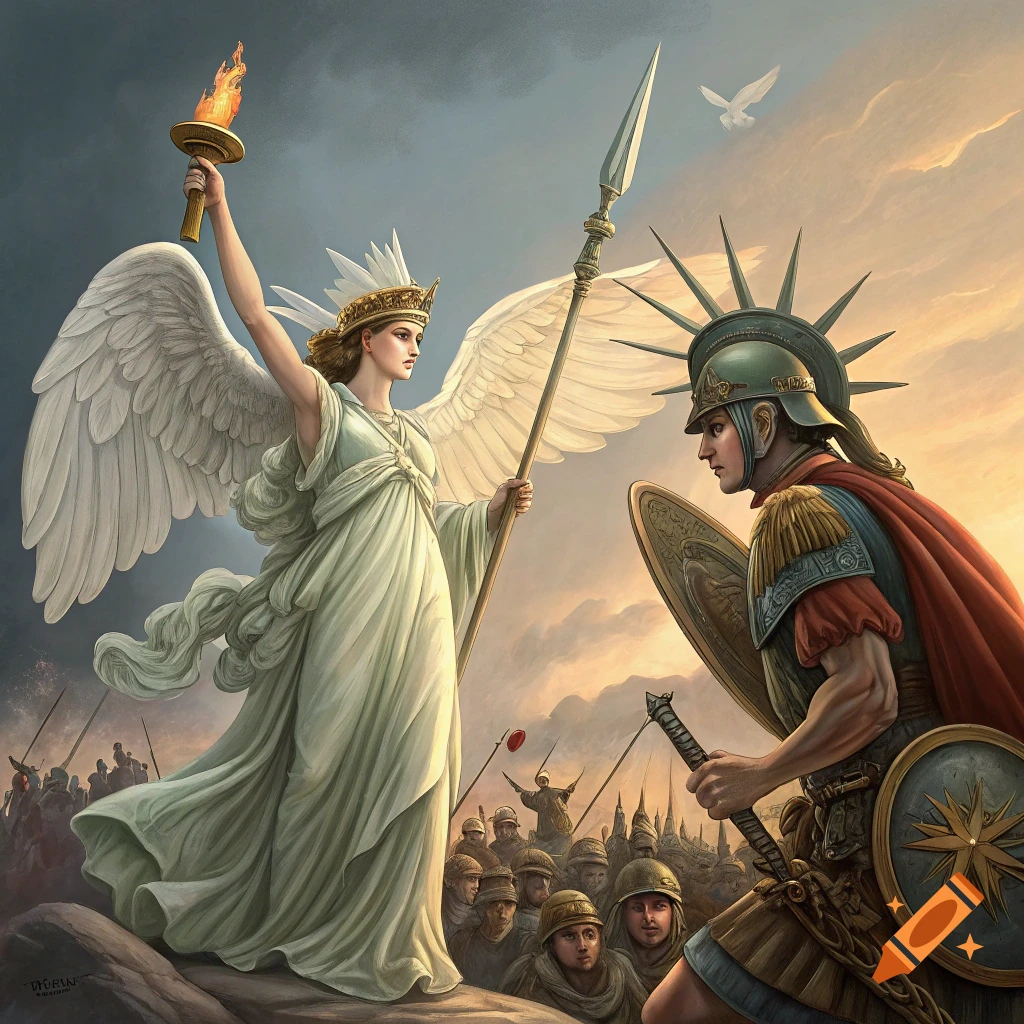 Manifest destiny angel as Athena and Statue of Liberty fighting ...