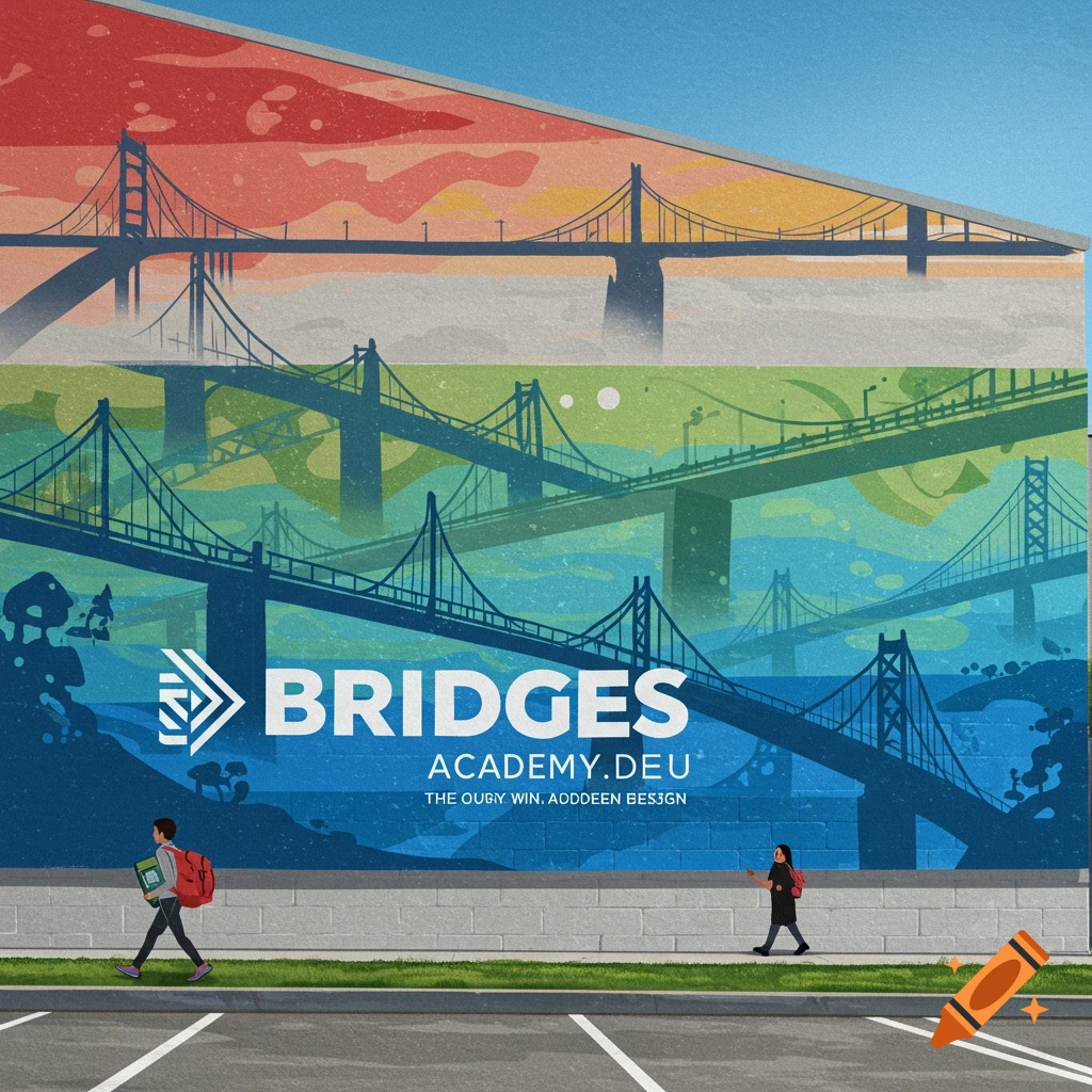 An illustrative mural on a wall depicts layered bridges in warm and ...