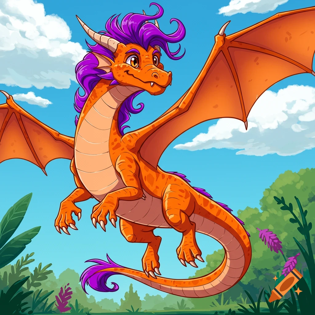 Orange dragon with purple mane in cartoon style on Craiyon