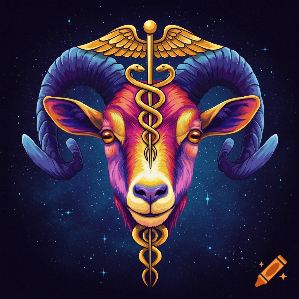 Vibrant illustration of a goat head with a golden caduceus against a ...