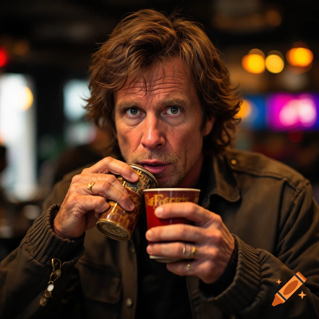 Close-up portrait of a man resembling John Fogerty drinking from a ...