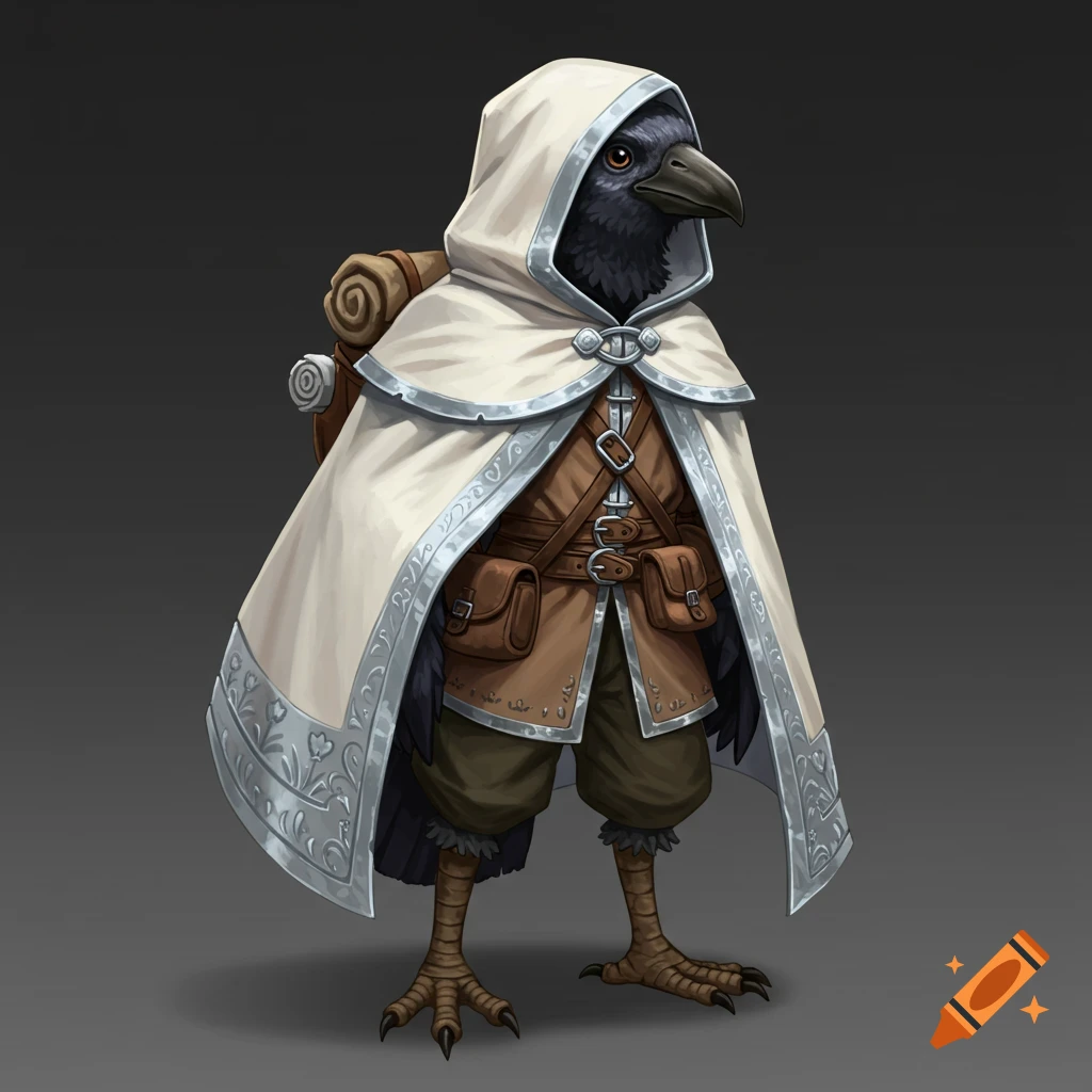 Kenku wearing medieval traveling clothes with a white and silver cloak ...