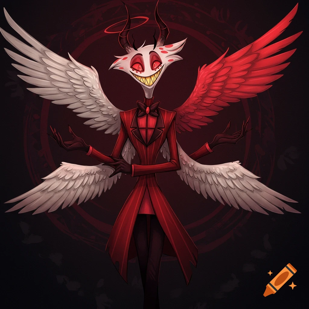 Cartoon character in a red suit with six red and white wings and ...