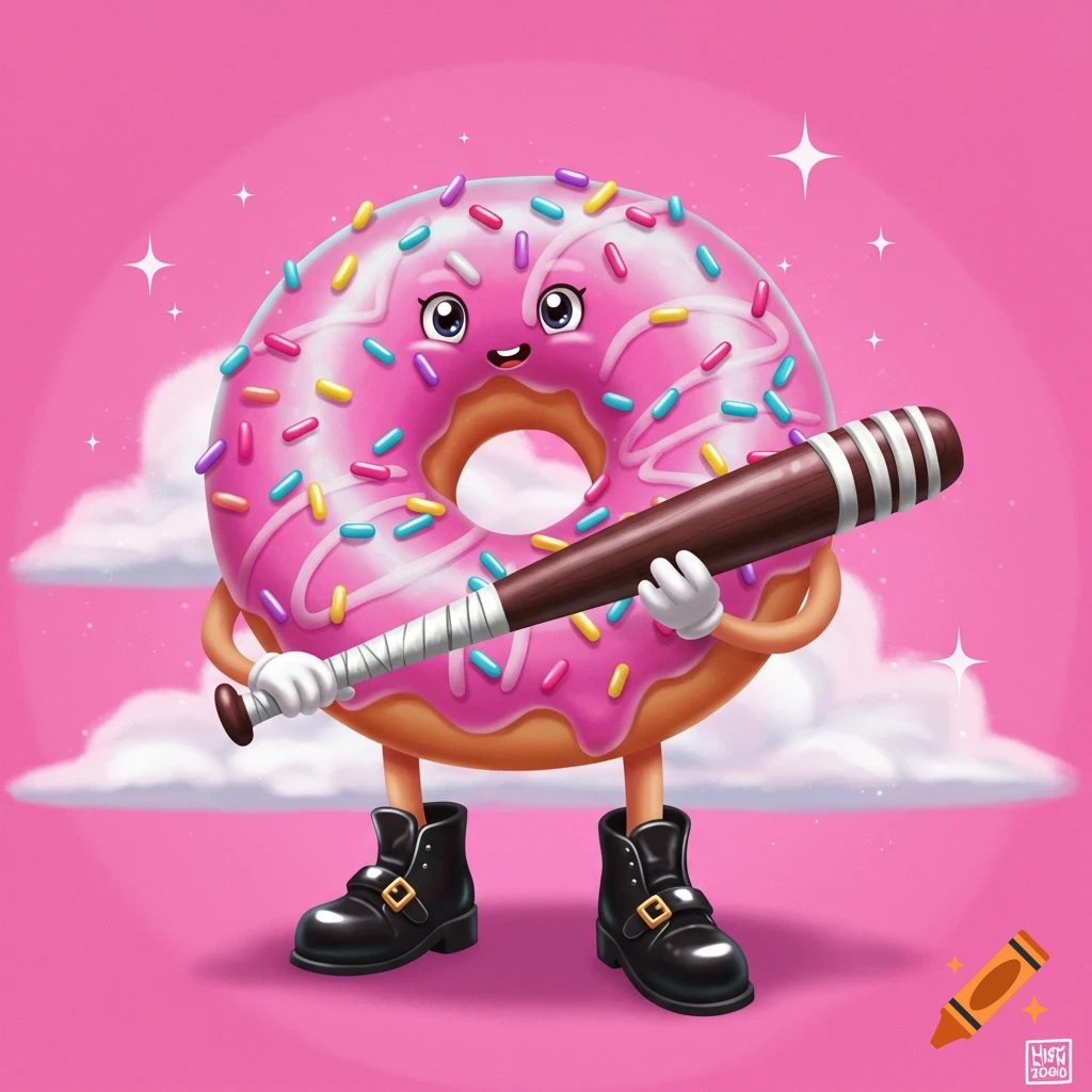 Magic donut wearing shoes and holding a baseball bat on Craiyon