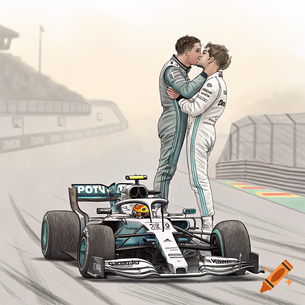 Sketch illustration of F1 drivers kissing on a race car on a track. on ...