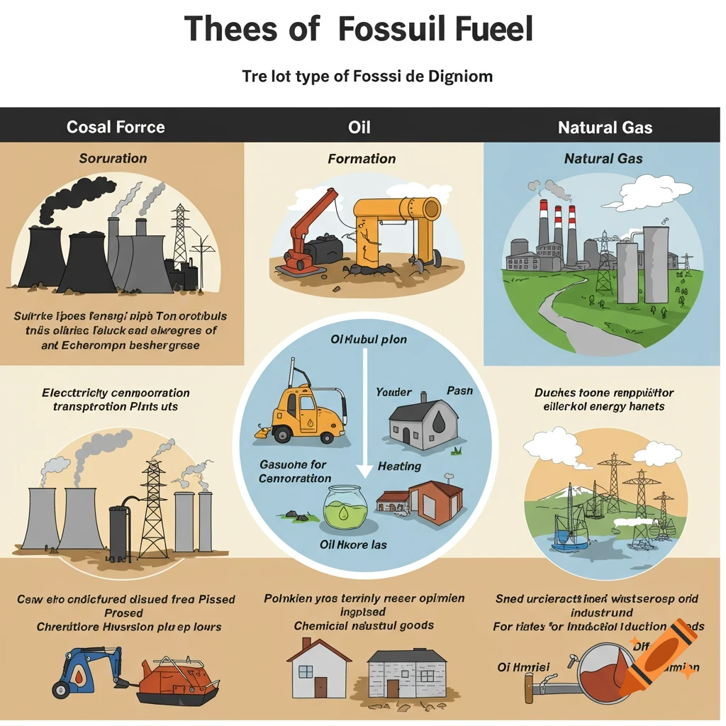 Diagram of fossil fuels and their uses on Craiyon