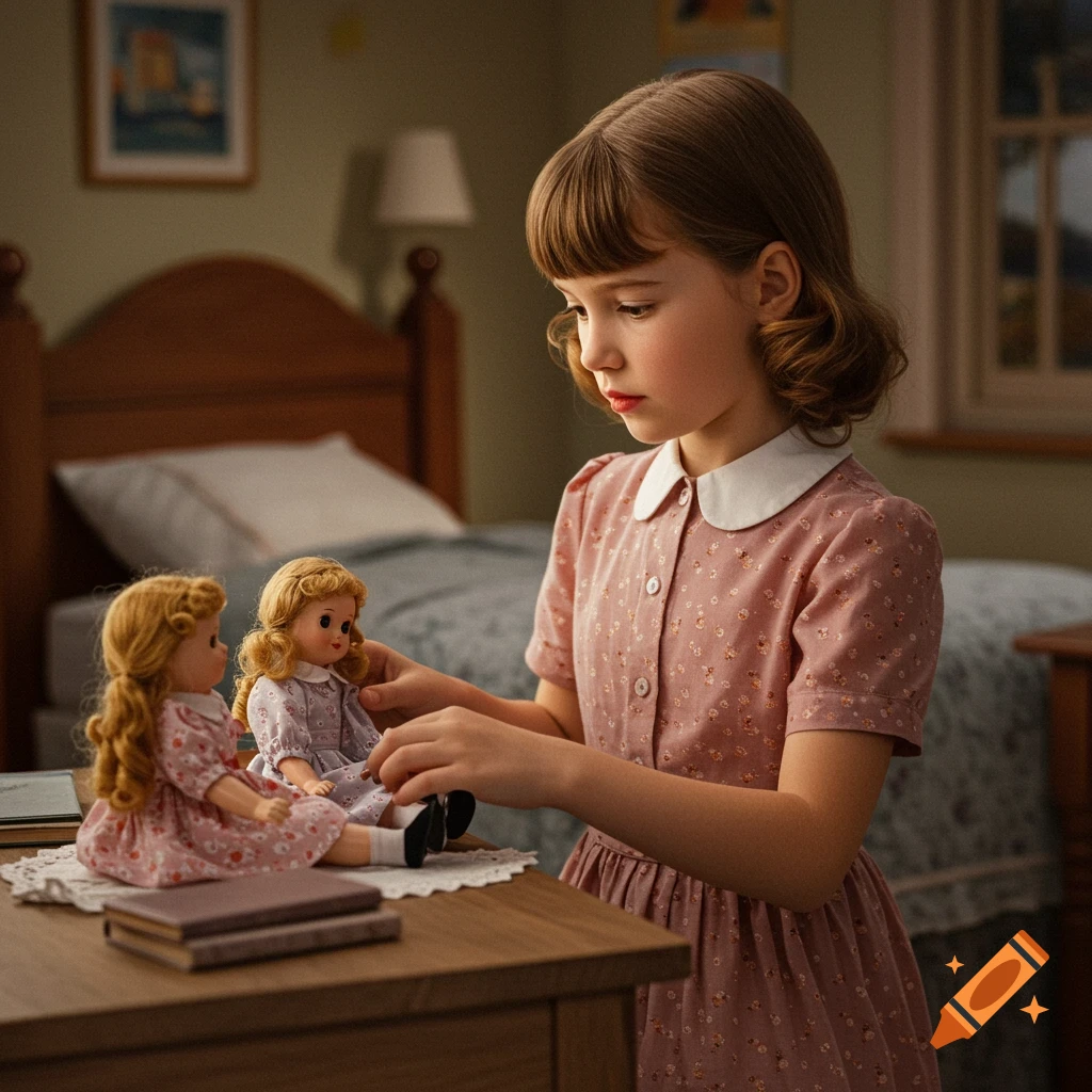 Colorized photo of 11-year-old Lucy playing with dolls in her 1949 ...